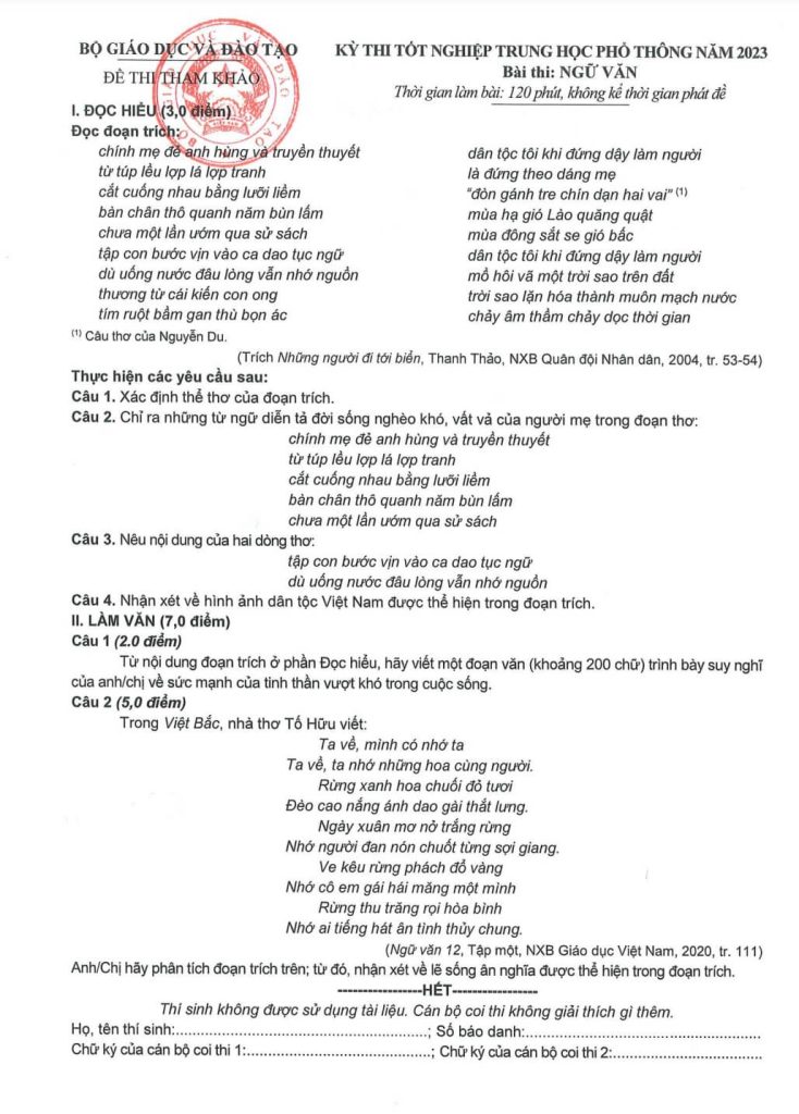 Đề thi tham khảo THPT quốc gia 2023 môn Văn ( Có Lời Giải )